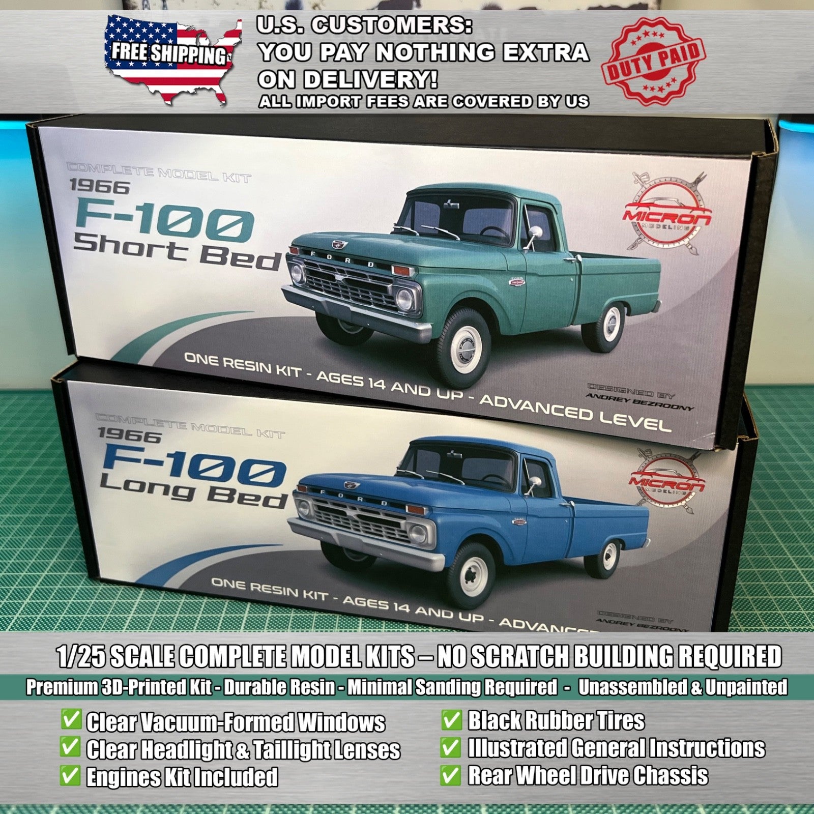 2-Kit Combo – 1:25 1966 Ford F-100 Short Bed & Long Bed Model Kits ...